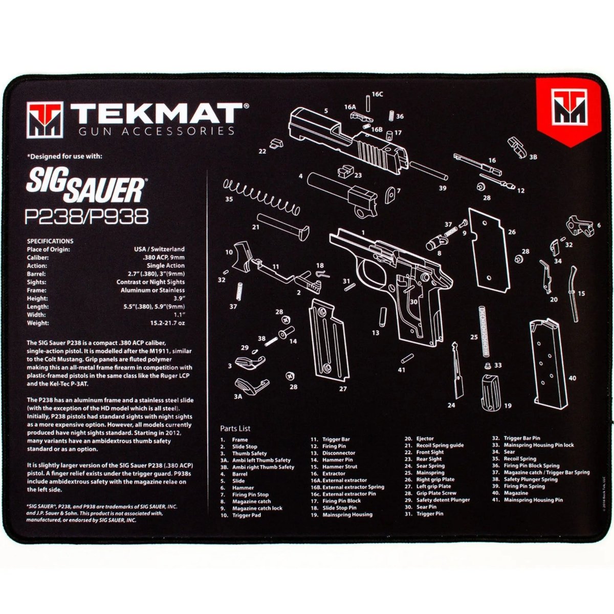 TekMat Original Gun Cleaning Mat - 17" X 11" - Sig Sauer P238 – Forza ...